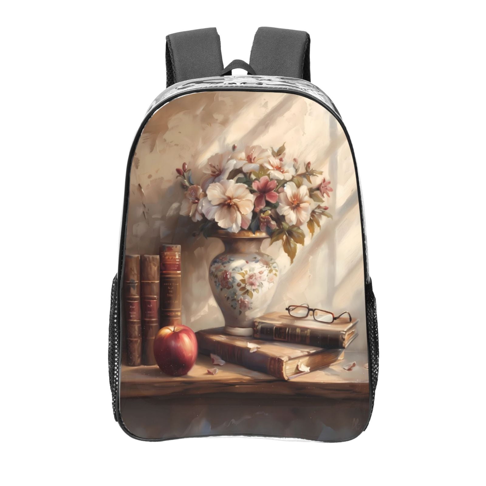 Zufioo Vintage Floral Vase With Books Print Transparent Backpack, 16 ...