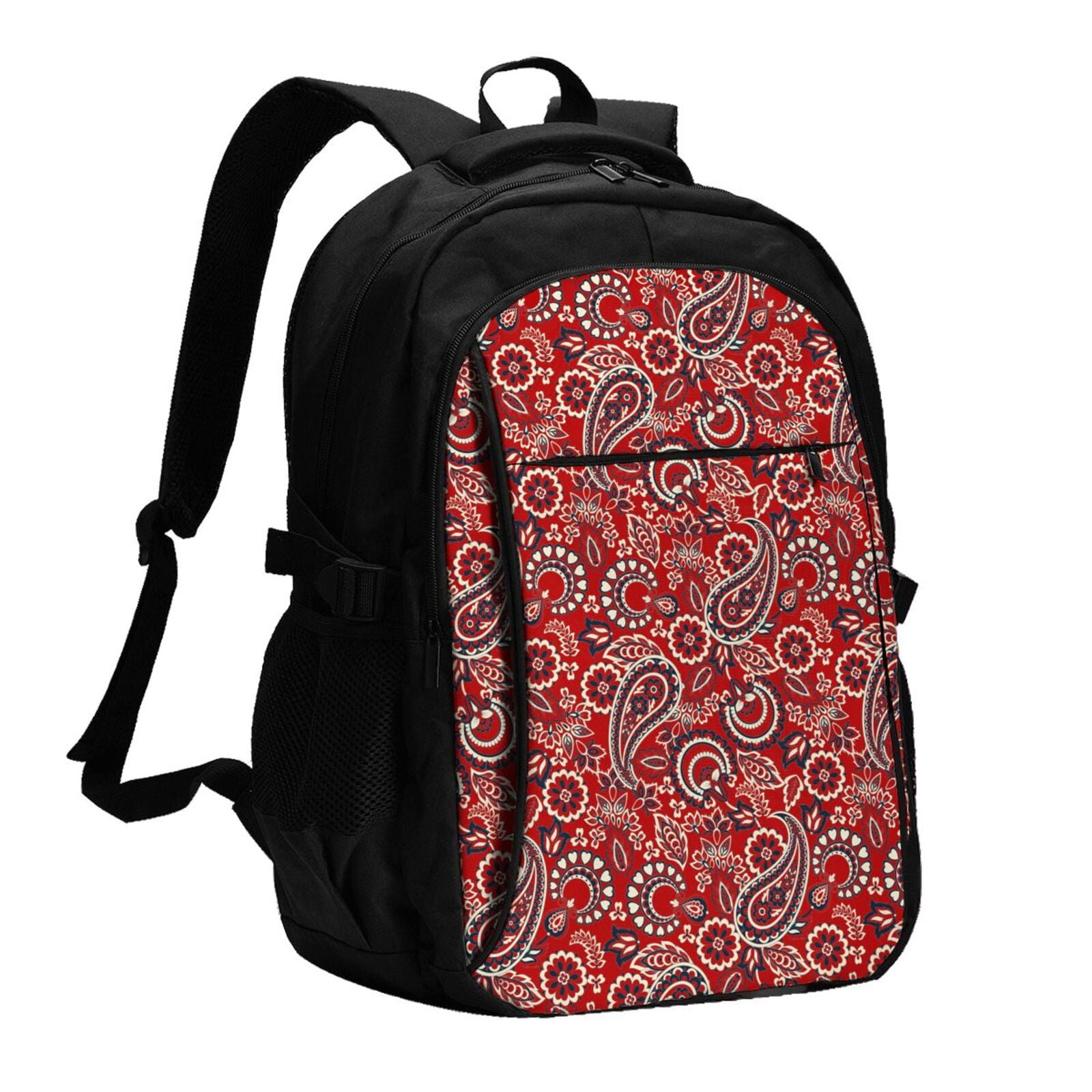 Zufioo Vintage Red Paisley Print USB Backpack, Multi-Pocket Design ...