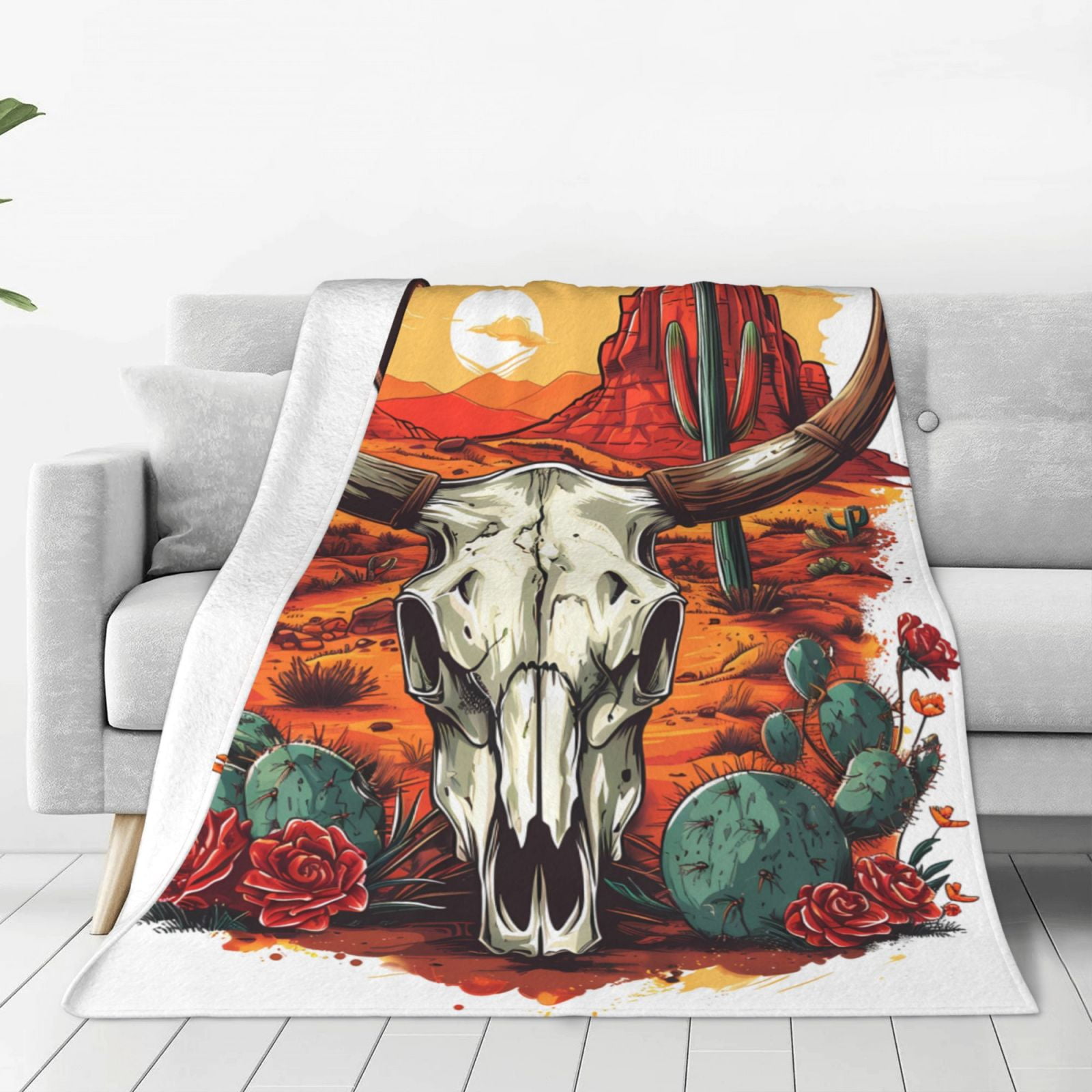 Zufioo Western Desert Cactus Ram Skull Fleece Blanket Queen Size,Plush ...