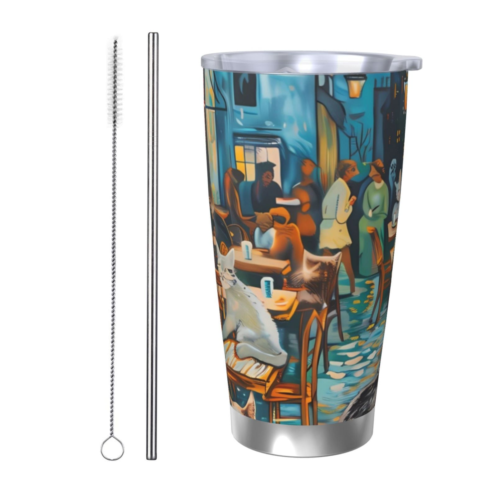 Zufioo Whimsical Cats Night Cafe Print 20OZ Stainless Steel Car Cup ...