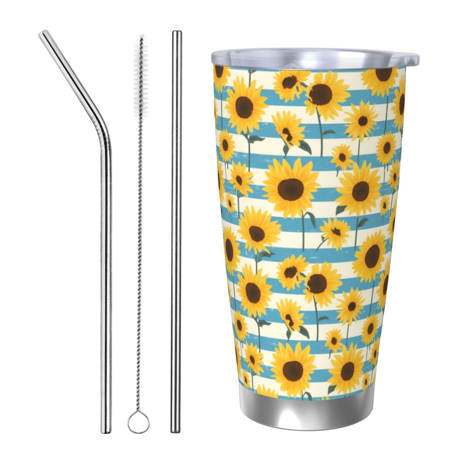 Zufioo White Blue Striped Sunflower Print 20OZ Stainless Steel Car Cup ...