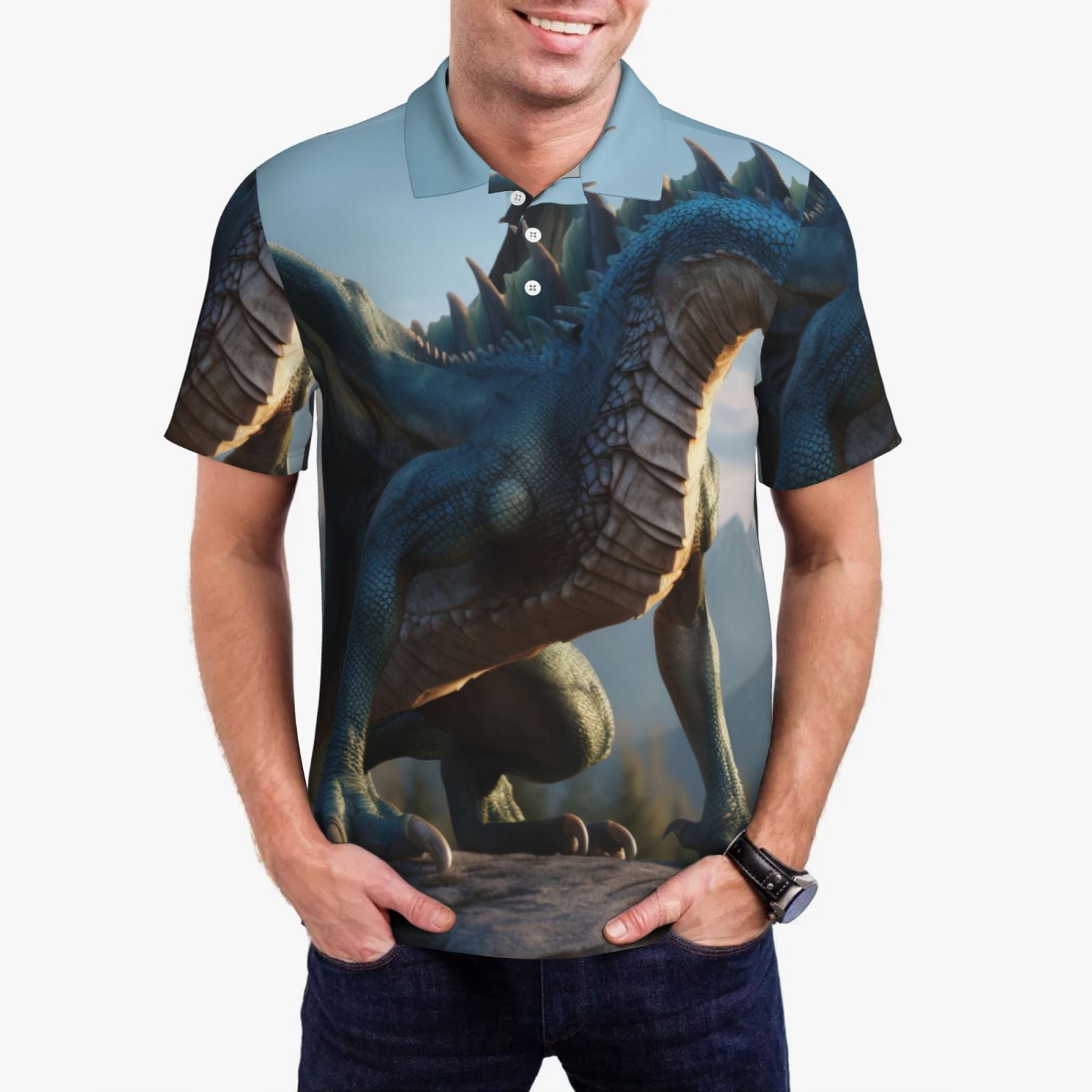 Zufioo Wild Blue Cool Dragon Print Men's POLO Shirts, Quick-drying ...