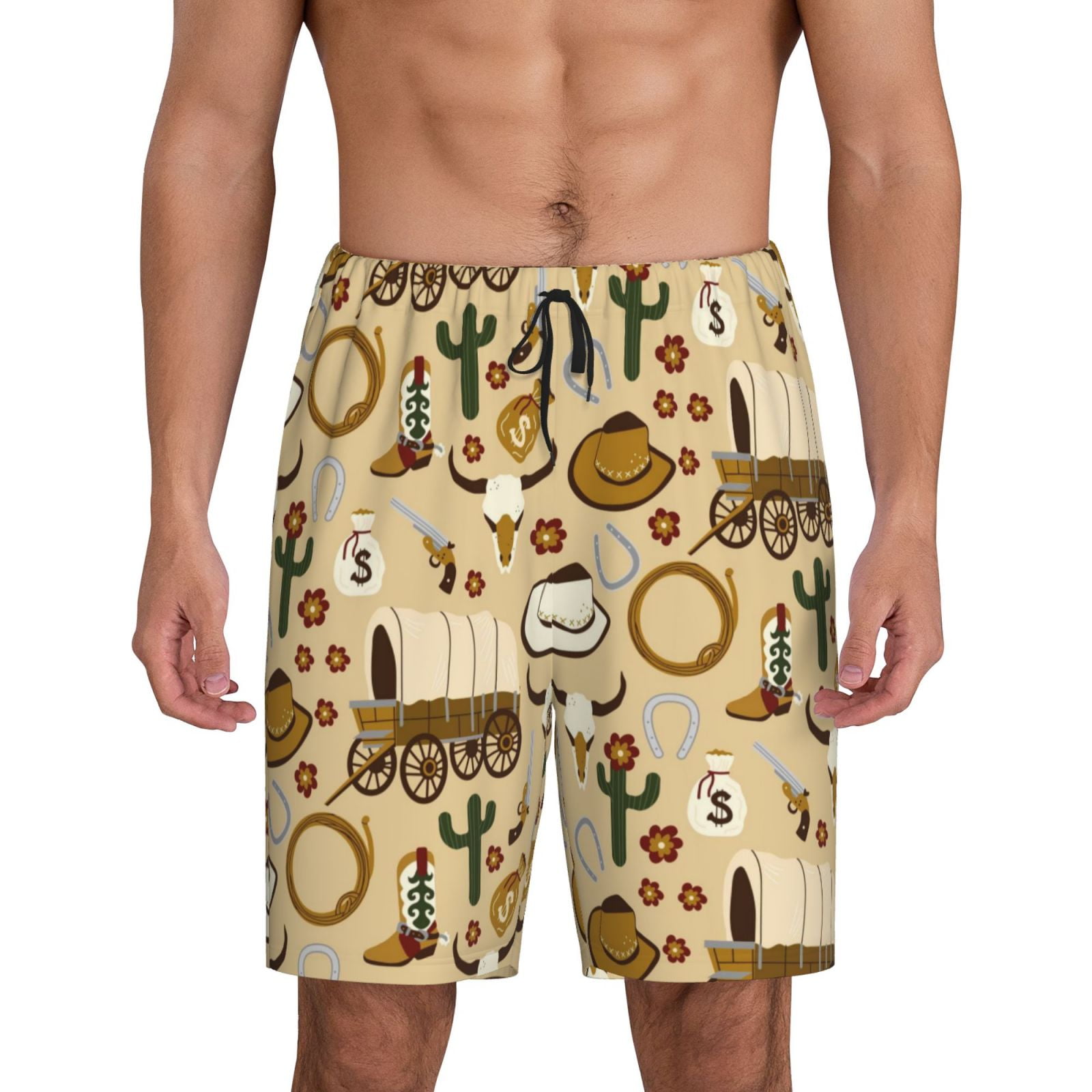 Zufioo Wild West Cowboy Print Men's Short Pajamas, Home Wear Pocket ...
