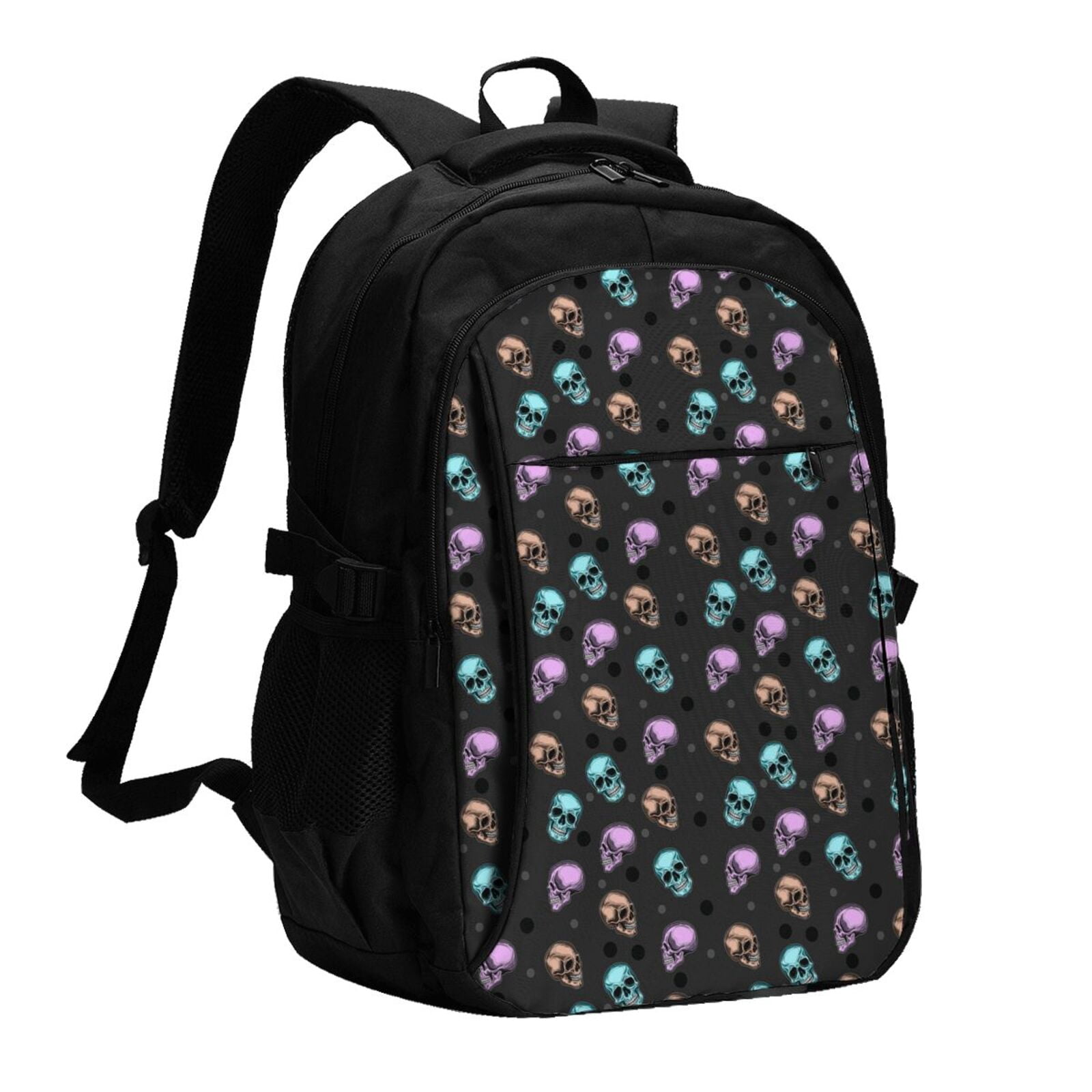 Zufioo purple cyan brown Skull Print USB Backpack, Multi-Pocket Design ...