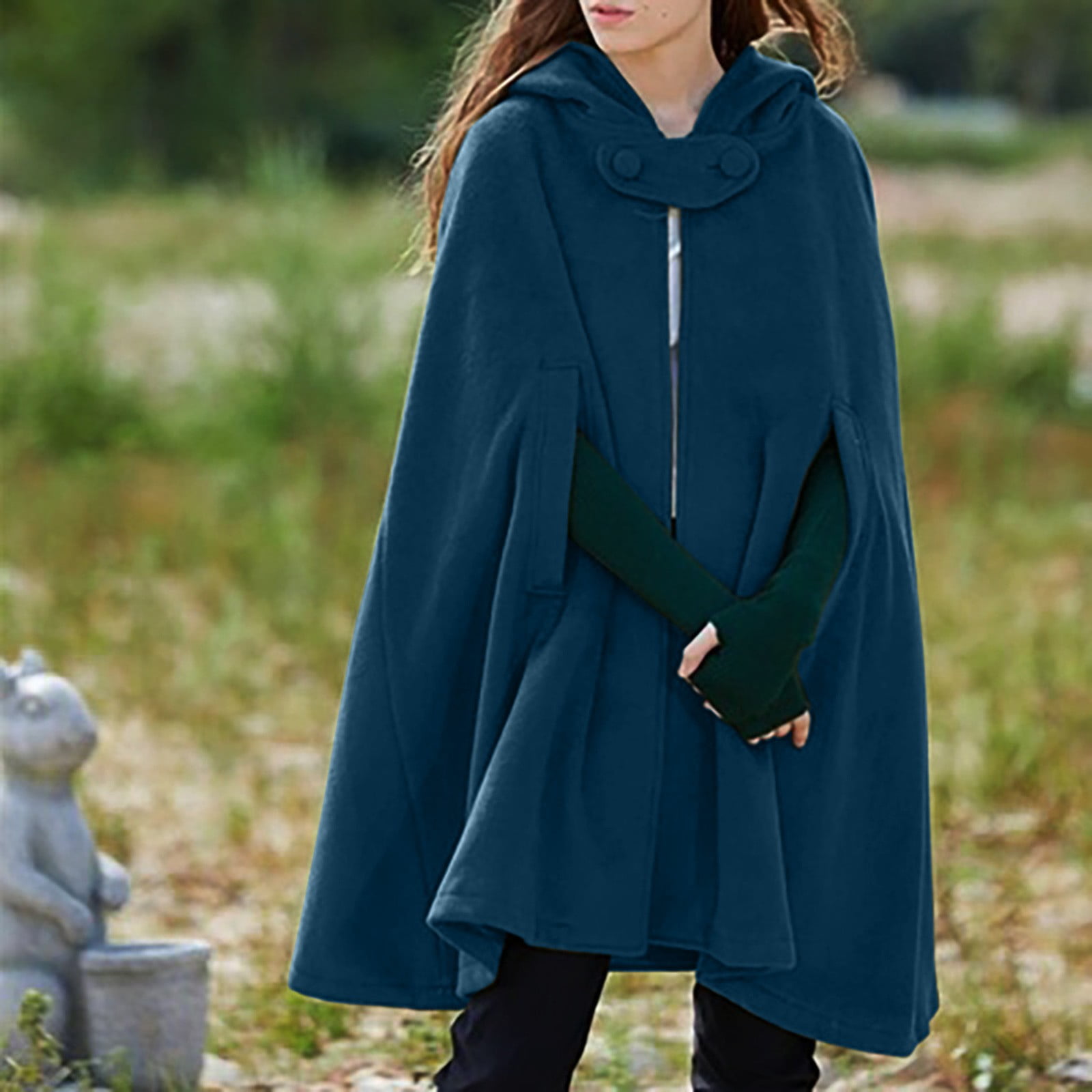 Zuhui Hooded Cloak for Women Hooded Medium Women Cape Winter Vintage Overcoat Fashion Button ...