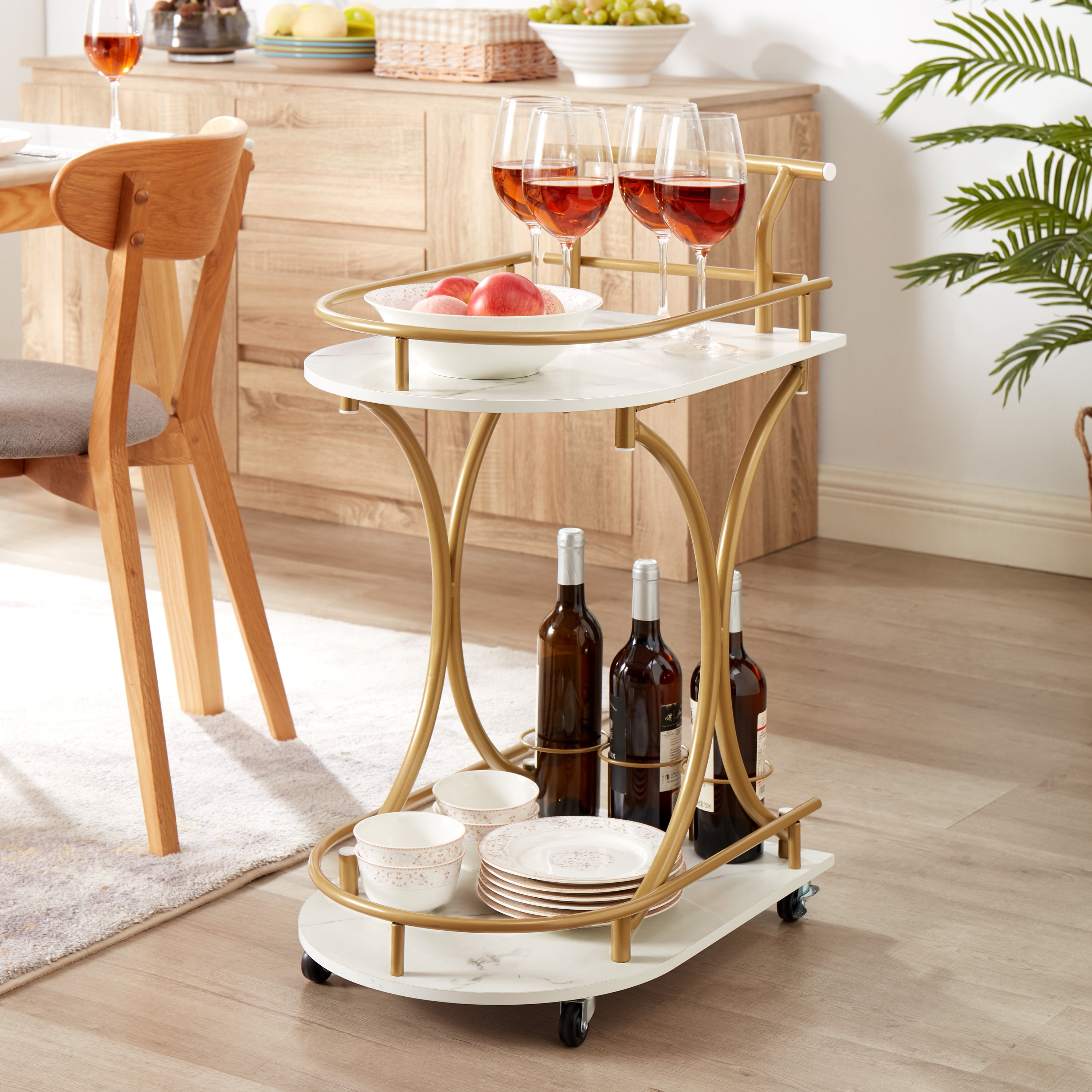 Zukka 2 Tier Bar Cart Storage Shelves with Wine Rack Glass Holder ...