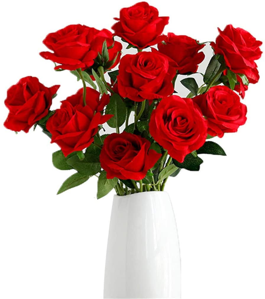 Zukuco 12PCS Artificial Rose Flowers with Long Stem Fake Silk Red Rose ...