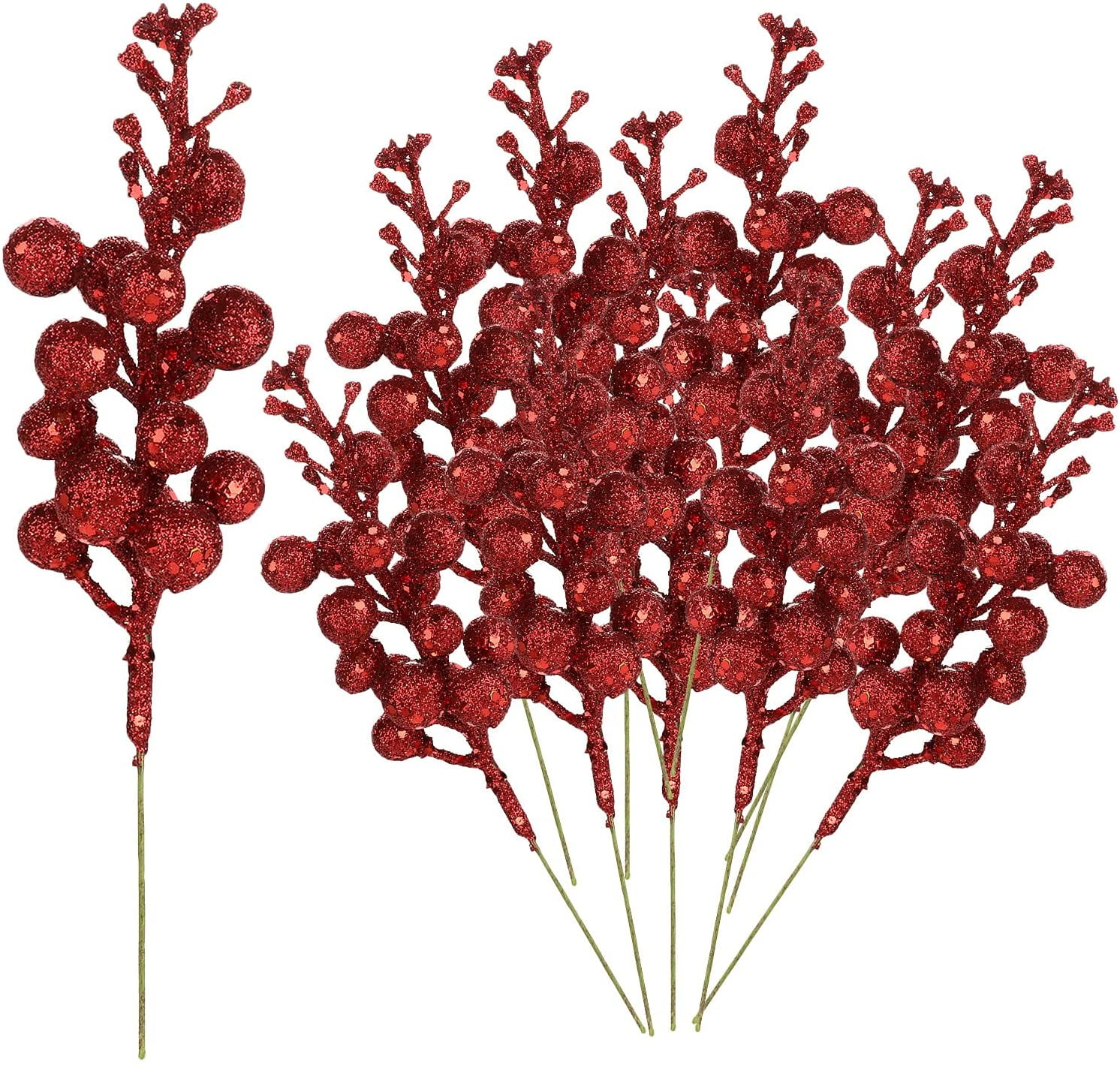 Zukuco 12PCS Christmas Glitter Berries Stems , Foam Artificial Berry ...