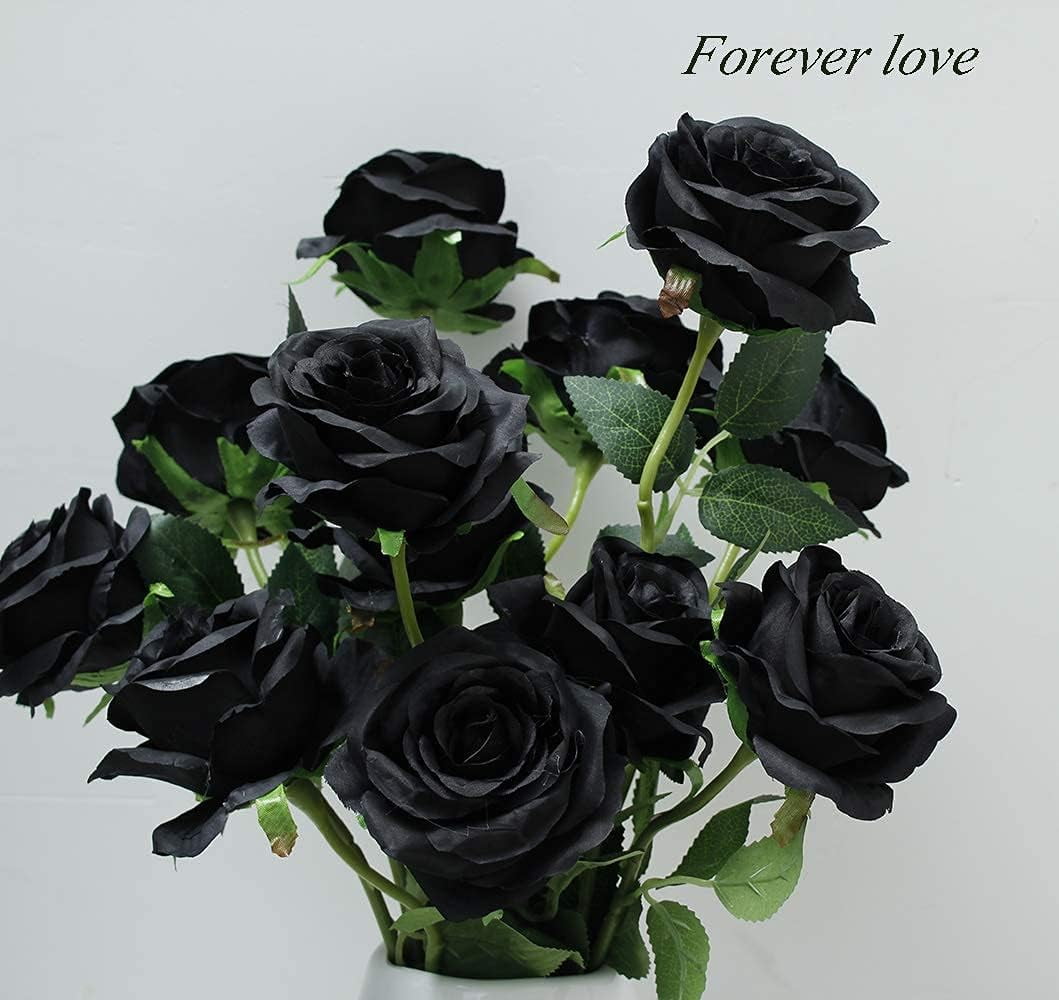 Zukuco 12Pcs Black Rose Artificial Flower, Realistic Single Stem Fake ...