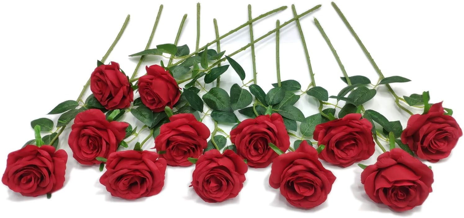 Zukuco 12Pcs Red Rose Artificial Flower, Realistic Single Stem Fake ...