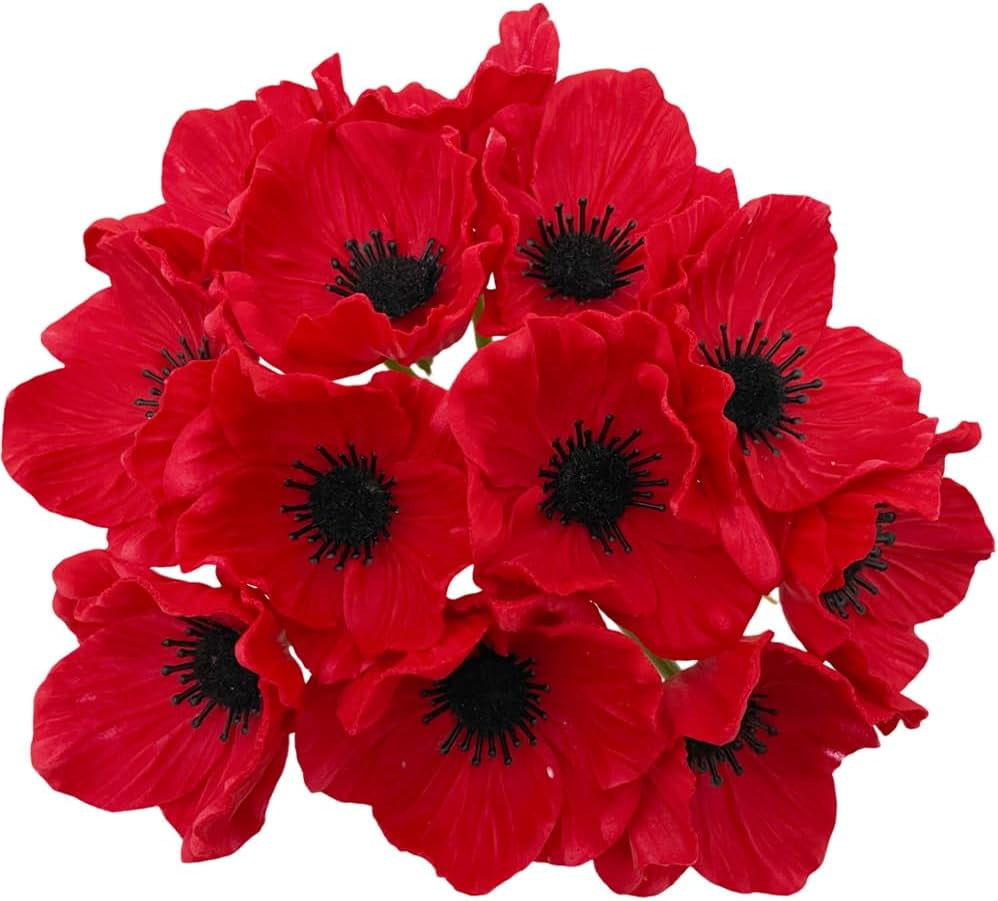 Zukuco 16 Stems Artificial Poppies Real Touch PU Fake Latex Flowers for ...