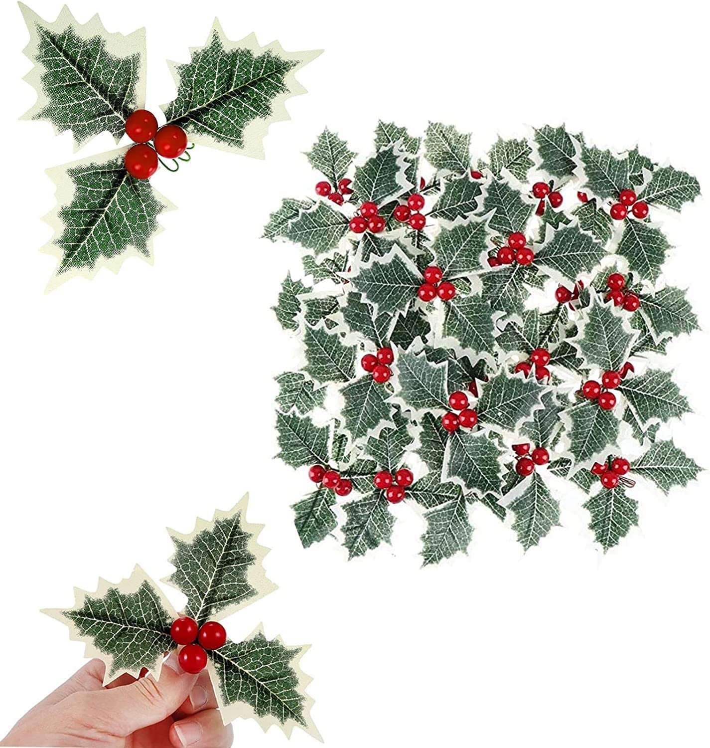 Zukuco 30 Pieces Artificial Holly Berry with Green Leaves for Christmas ...