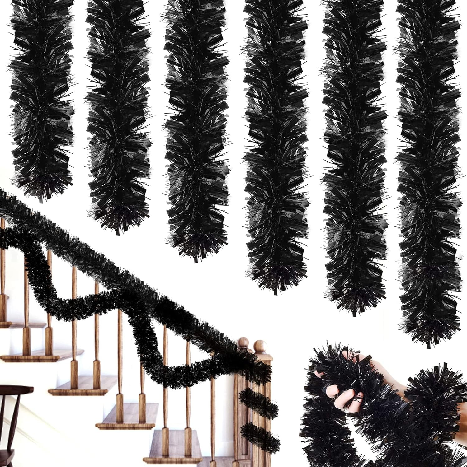 Zukuco 5PCS Christmas Tinsel Garland 33 Feet Black Metallic Garland ...