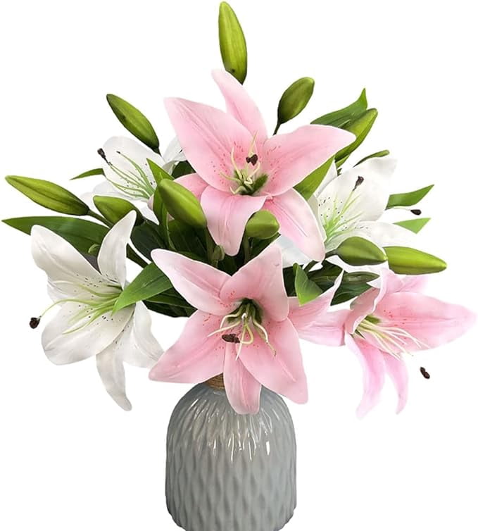 Zukuco 6 Pack Artificial Lily Flowers Full Bloom Fake Latex Real Touch ...