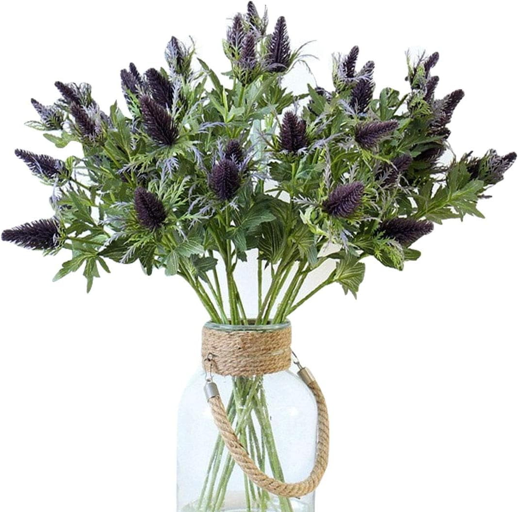 Zukuco 6 Stems Artificial Thistle Flowers 6 Branch Real Touch Purple ...