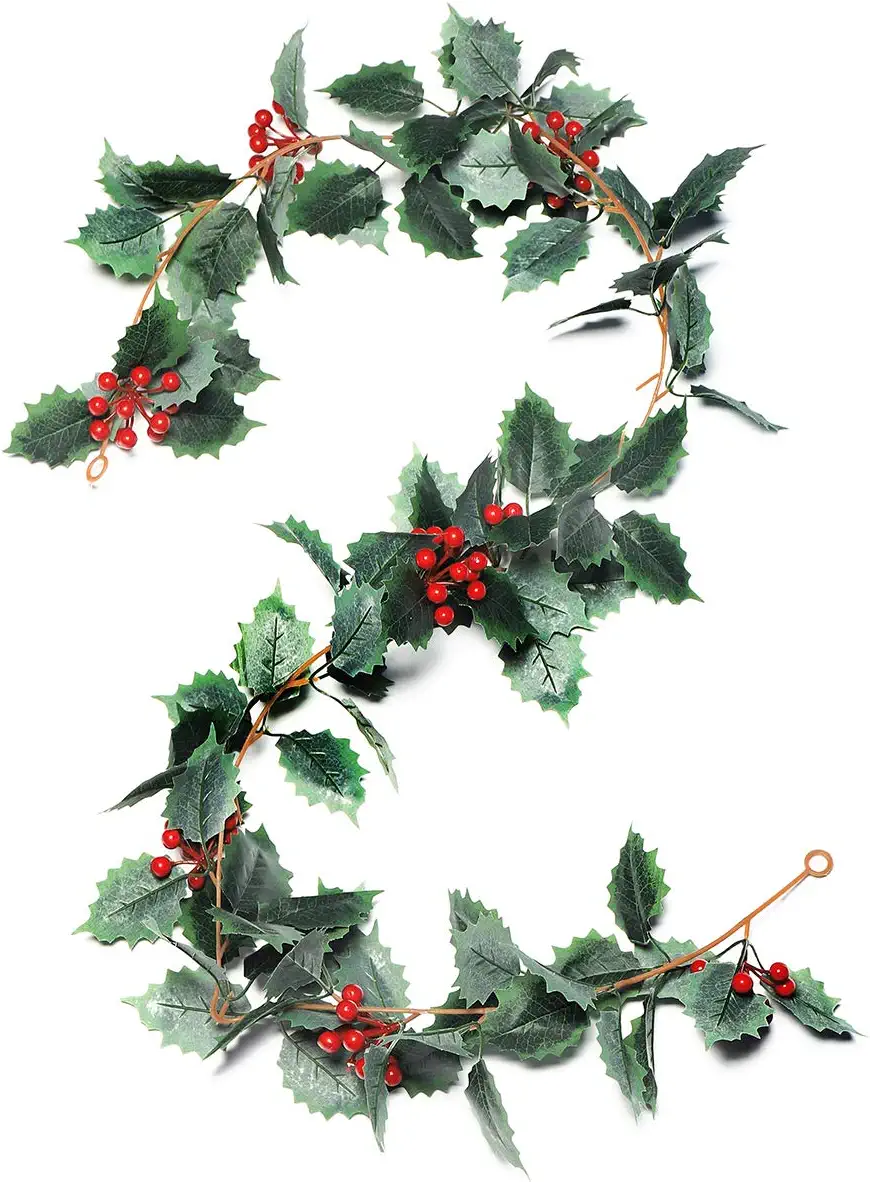 Zukuco Christmas Garland Decorations, Holly Leaves Red Berries Winter ...