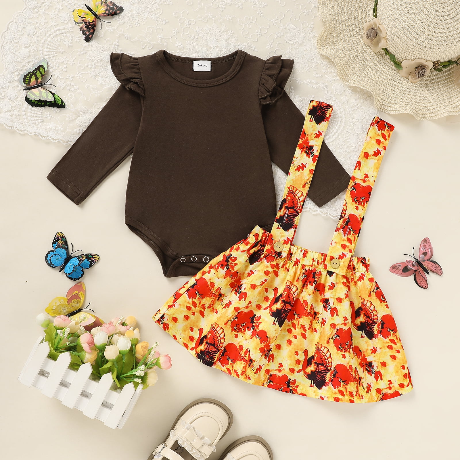 Zukuco First Thanksgiving Outfits Newborn Baby Girl Ruffle Top Turkey ...