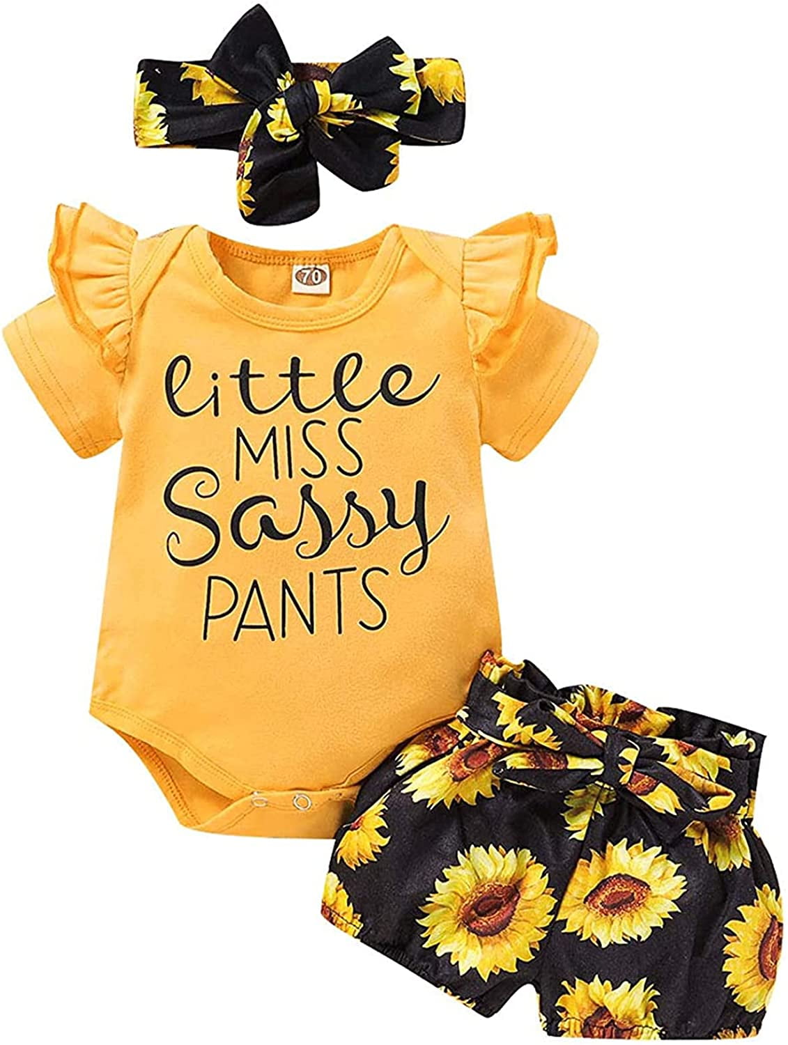 Zukuco Newborn Baby Girl Outfits Sunflower Ruffle Romper + Casual Shorts Pants + Headband Summer ...