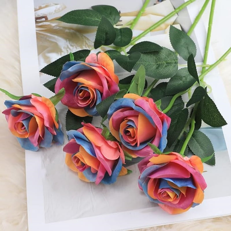 Zukuco Rainbow Fake Roses Artificial Flowers - 12 Pcs Fake Artificial ...