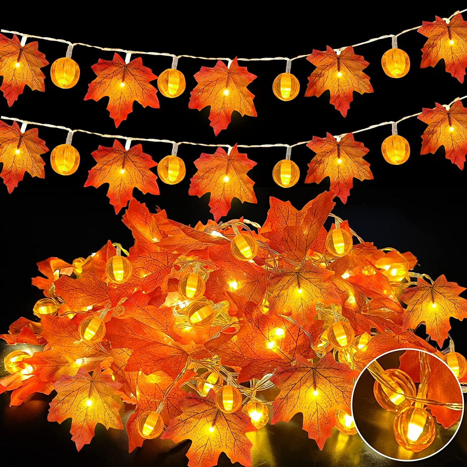Zukuco Thanksgiving Fall Maple Leaves Lights Garlands, 10Ft 20LED ...
