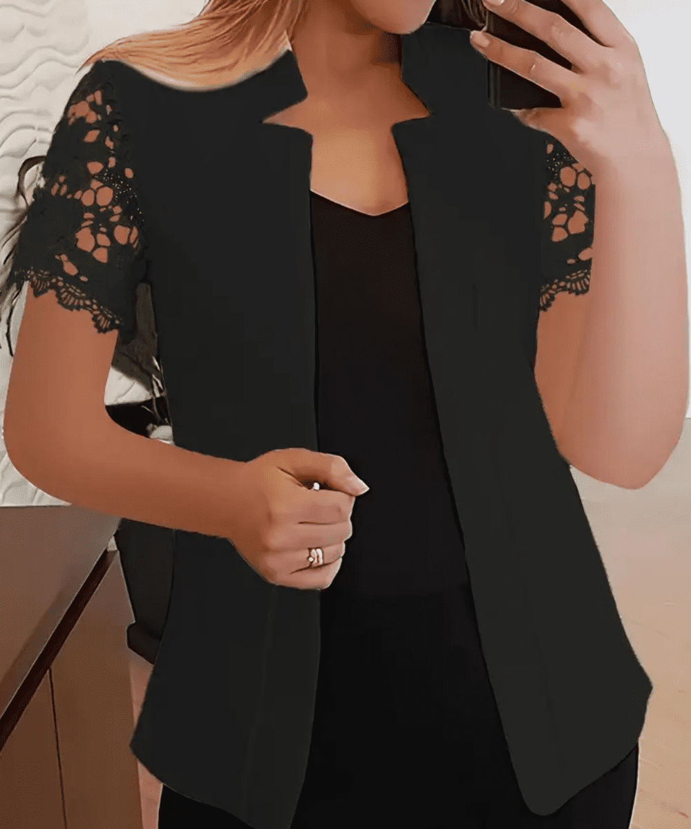 Zukuco Women's Casual Blazer Contrast Lace Short Sleeve Lapel Open ...