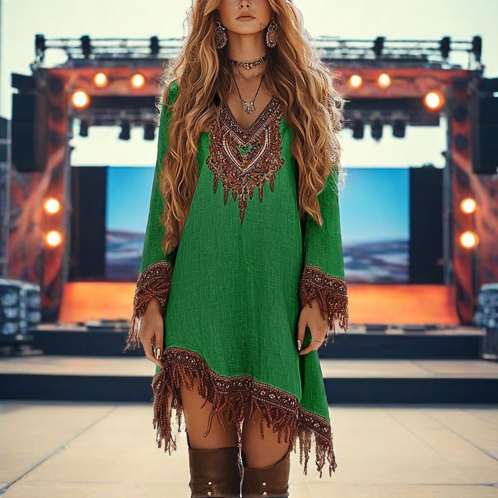 Zukuco Women's Western Cowgirl Fringe Trim Dress Boho V-Neck ...
