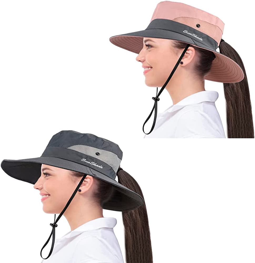 Zukuco Womens Ponytail Sun Hat UV Protection Bucket Hats Foldable Wide ...