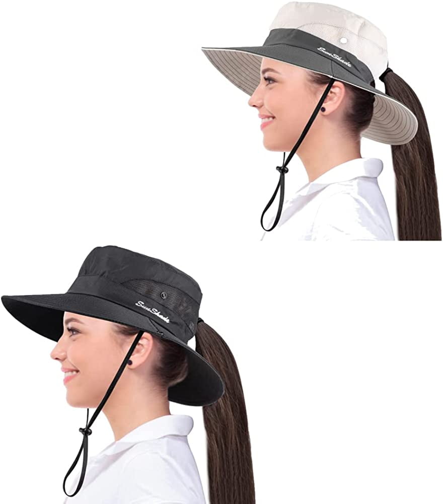 Zukuco Womens Ponytail Sun Hat UV Protection Bucket Hats Foldable Wide ...