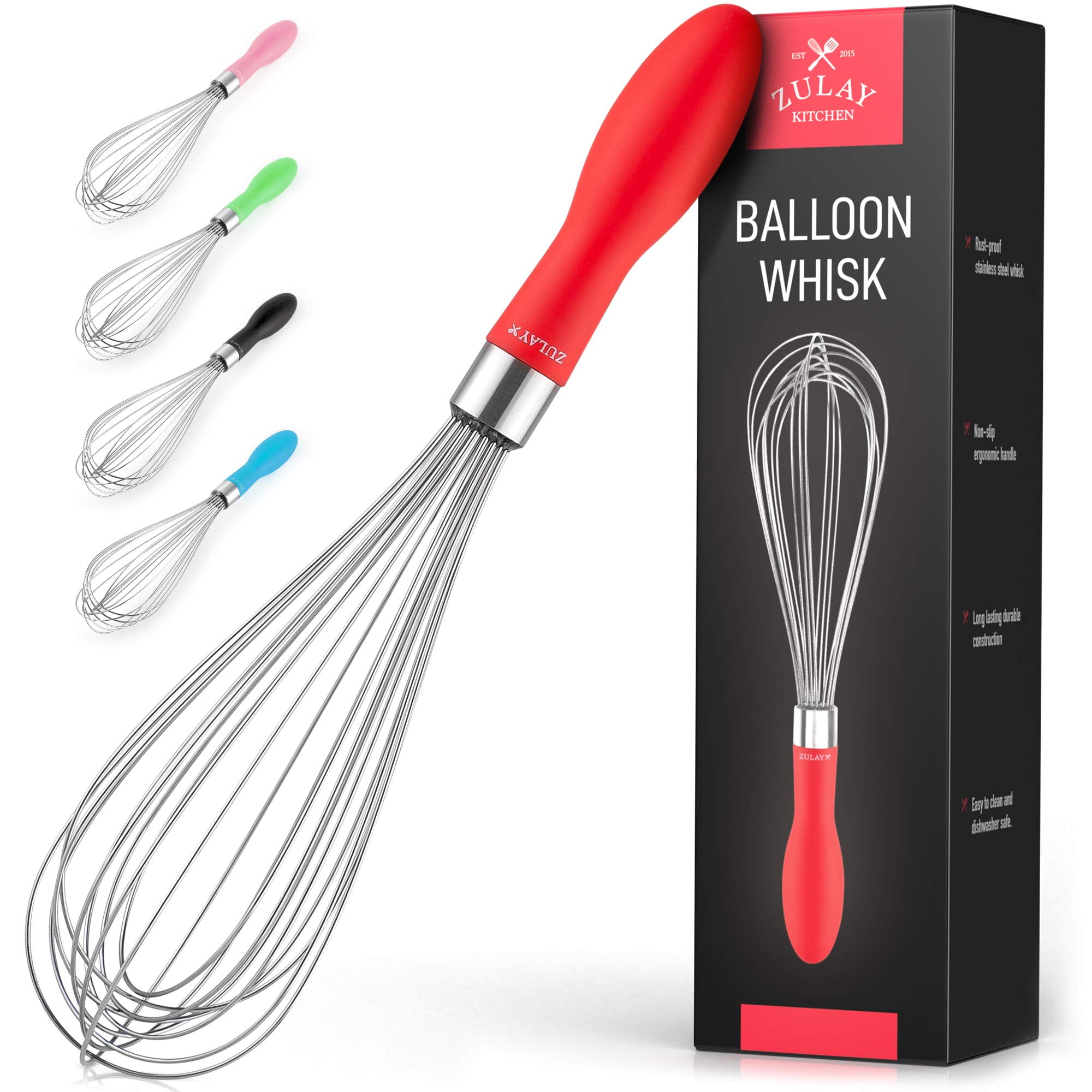 Zulay Kitchen 12-Inch Stainless Steel Balloon Whisk With Soft Silicone ...