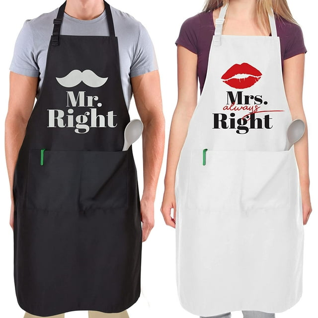 Zulay Kitchen Funny Aprons for Couples, 2-Pack, Black with Pockets, Mr. Right & Mrs. Always ...
