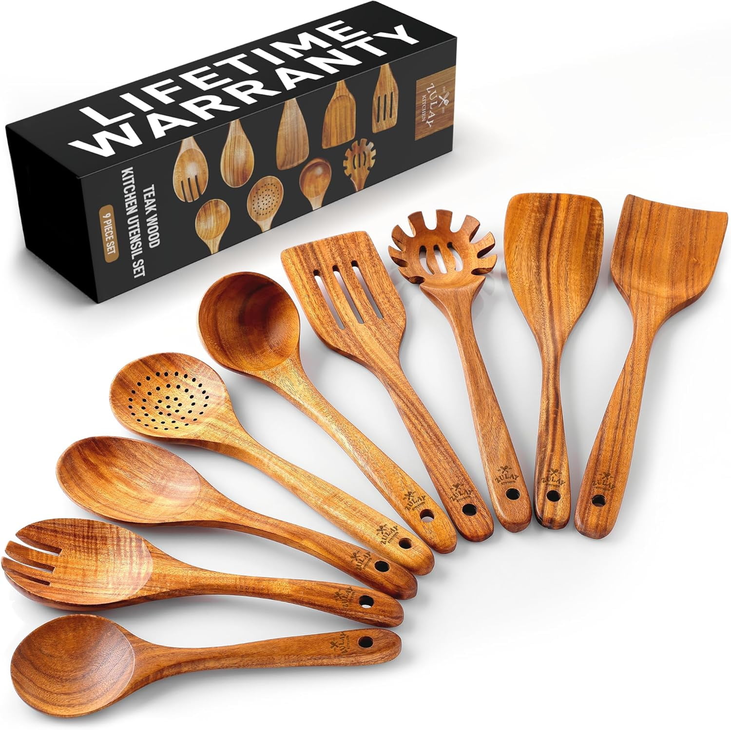 Zulay Kitchen 9-Piece Teak Wooden Utensils for Cooking - Natural Teak ...