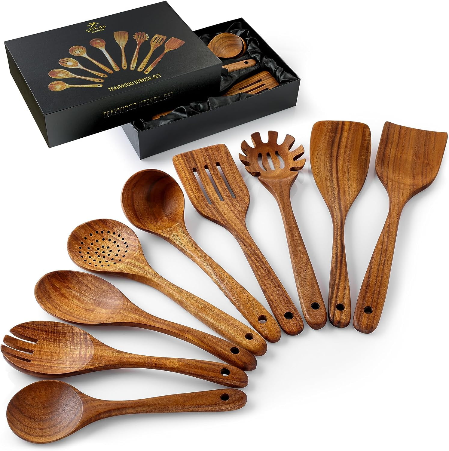 Zulay Kitchen 9 Piece Teak Wooden Utensils Cooking Utensil Set with ... Zulay Kitchen 9 Piece Teak Wooden Utensils Cooking Utensil Set with ...