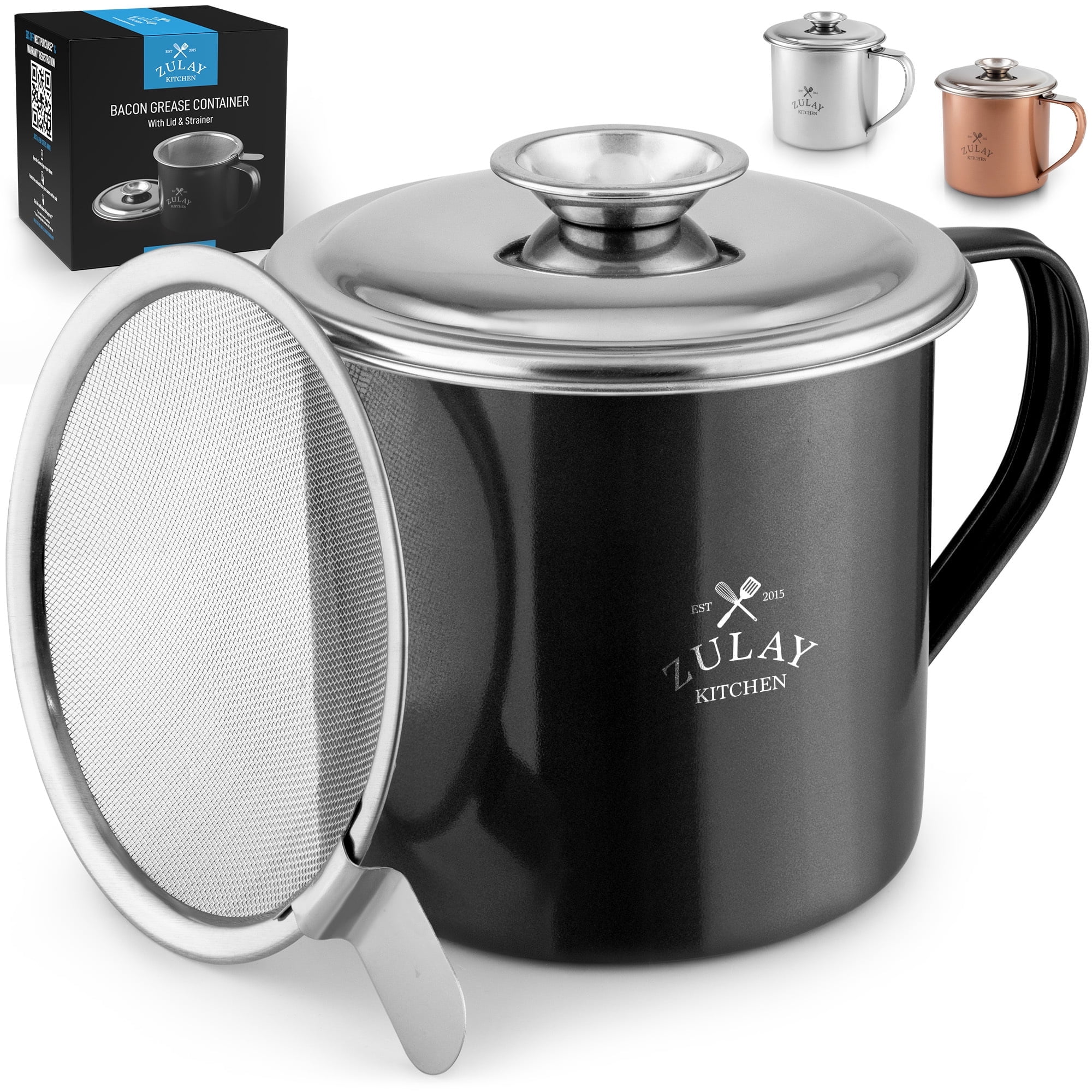 Zulay Kitchen Bacon Grease Container with Strainer 1L Stainless Steel ...