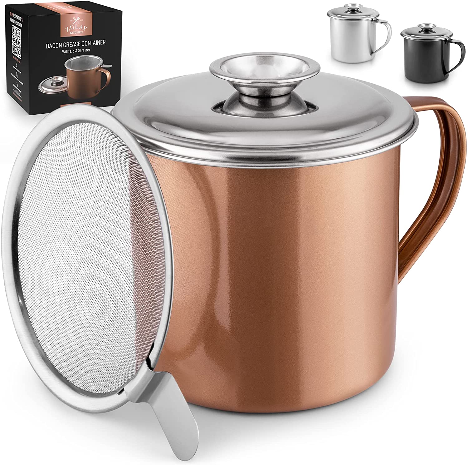 Zulay Kitchen Bacon Grease Container with Strainer 1L Stainless Steel ...