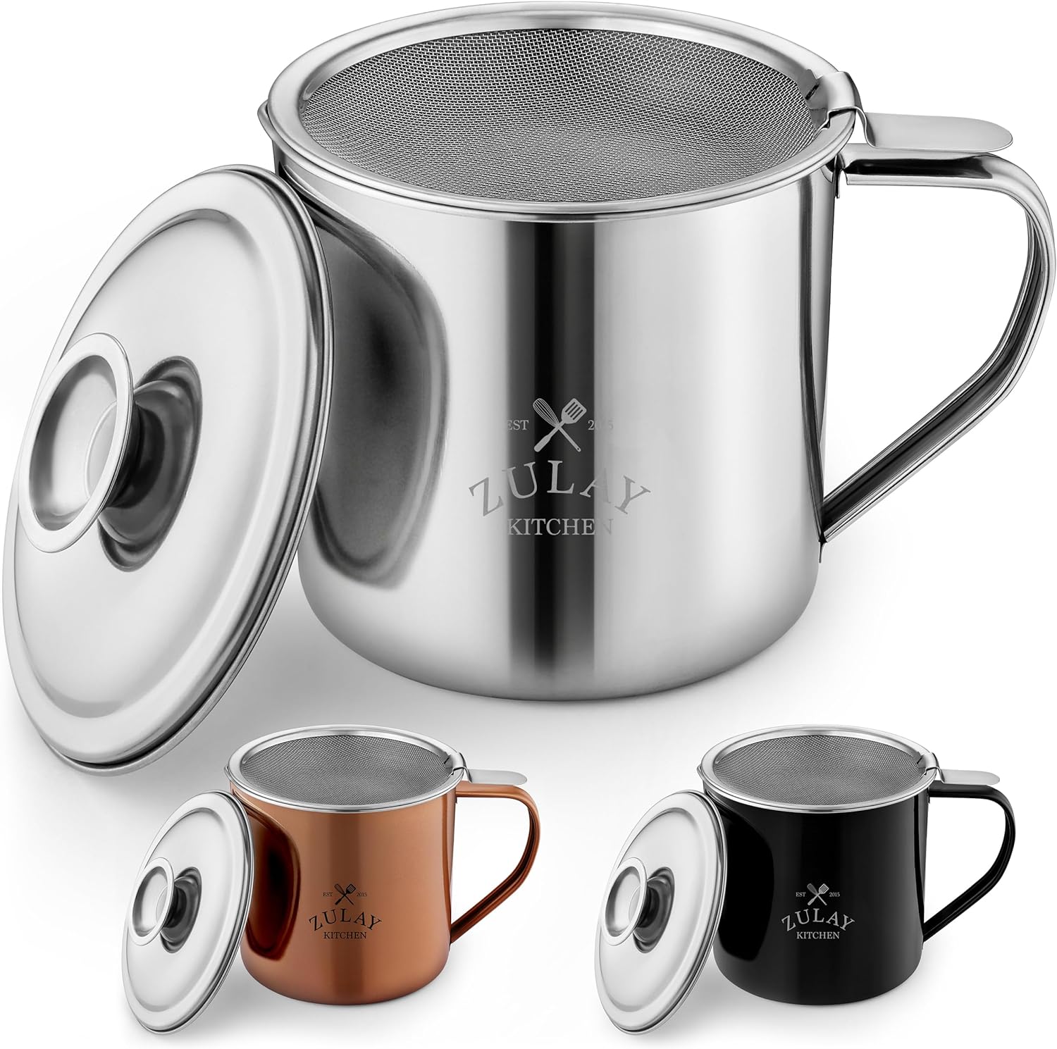 Zulay Kitchen Bacon Grease Container with Strainer 1L Stainless Steel ...