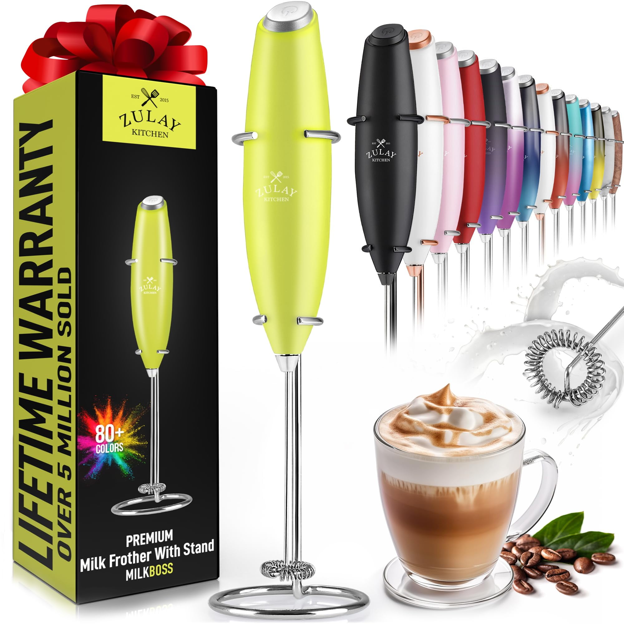 Zulay Kitchen Powerful Handheld Electric Milk Frother for Hot Foam Coffee, Latte, and Matcha ...