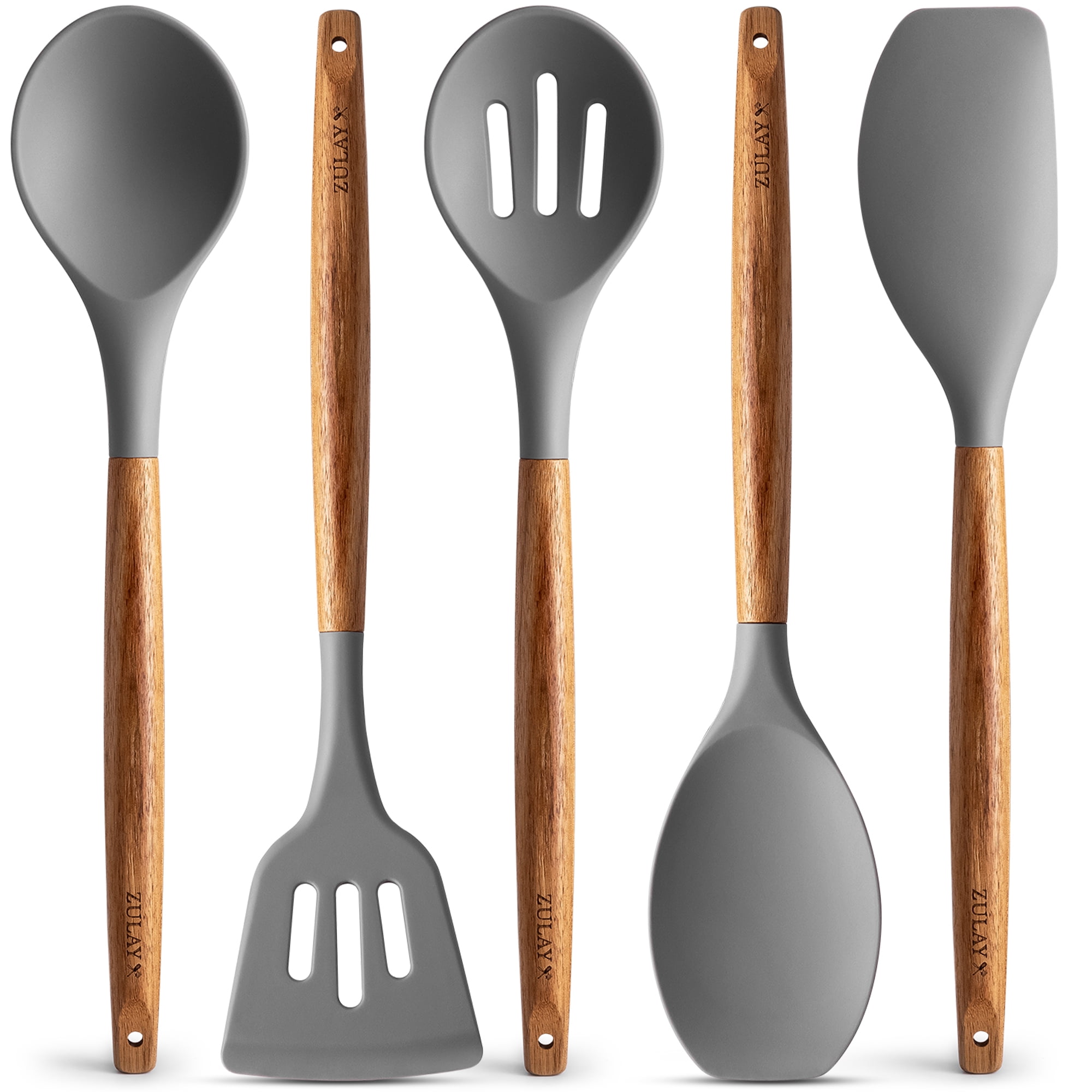 Zulay Kitchen Non-Stick Silicone Utensils Set with Acacia Wood Handles ...
