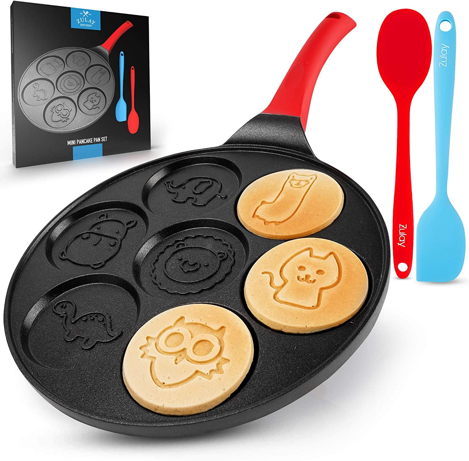 Pancake Pan - 7 Animal Face Designs & 2 Bonus Spatulas - Round Ceramic ...