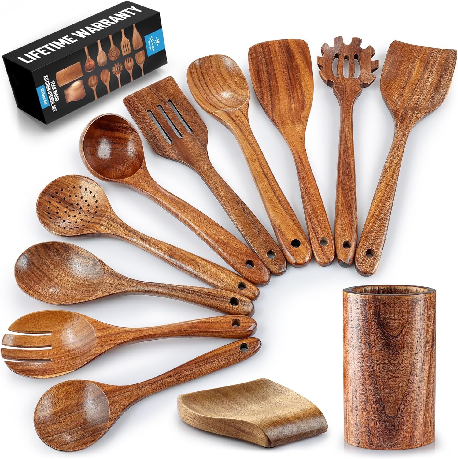 Zulay Kitchen Premium 12 Piece Wooden Spoons with Holder - Smooth ...
