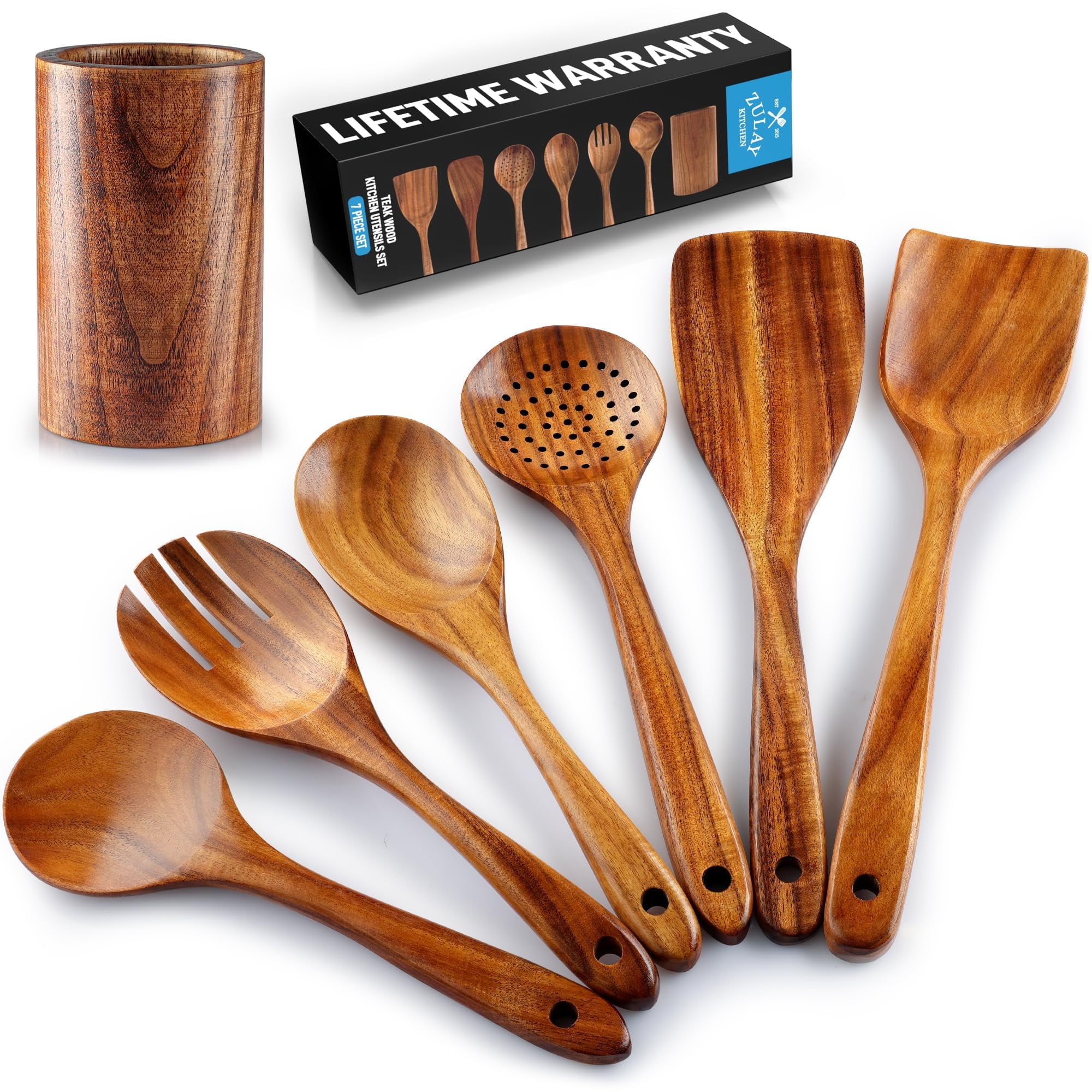 Zulay Kitchen Premium 7 Piece Wooden Spoons with Holder - Smooth Finish ...