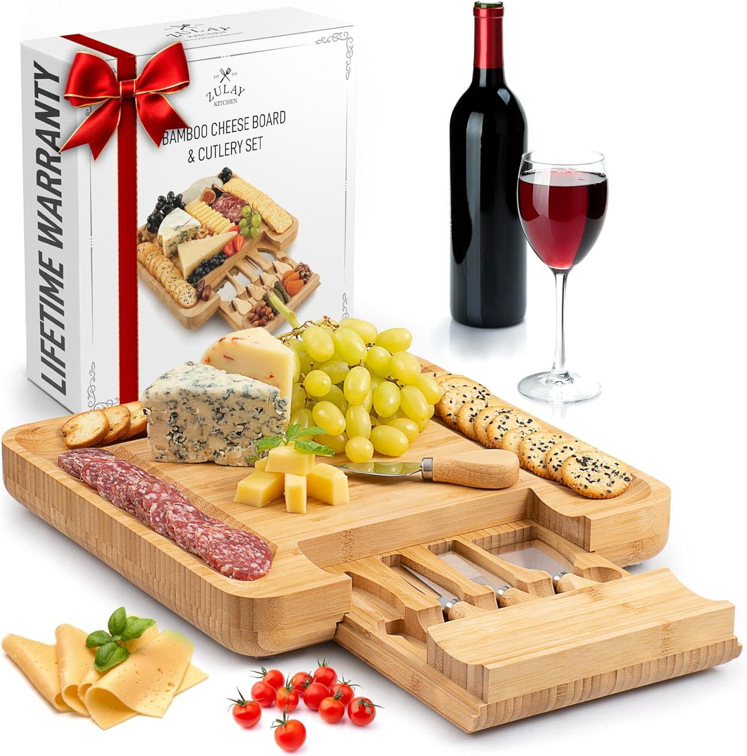 Zulay Kitchen Premium Bamboo Cheese Board Set - Extra Thick Bamboo ...