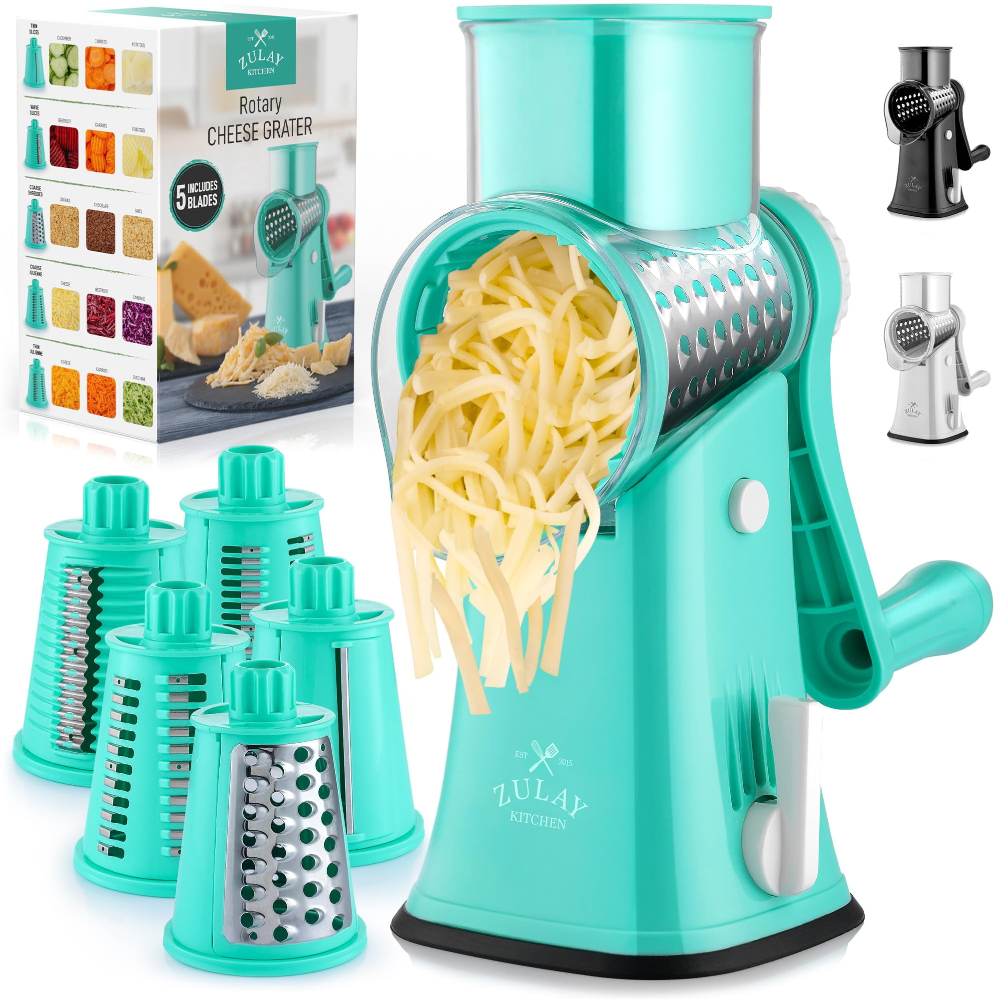 Zulay Kitchen Rotary Cheese Grater with 5 Interchangeable Stainless ...