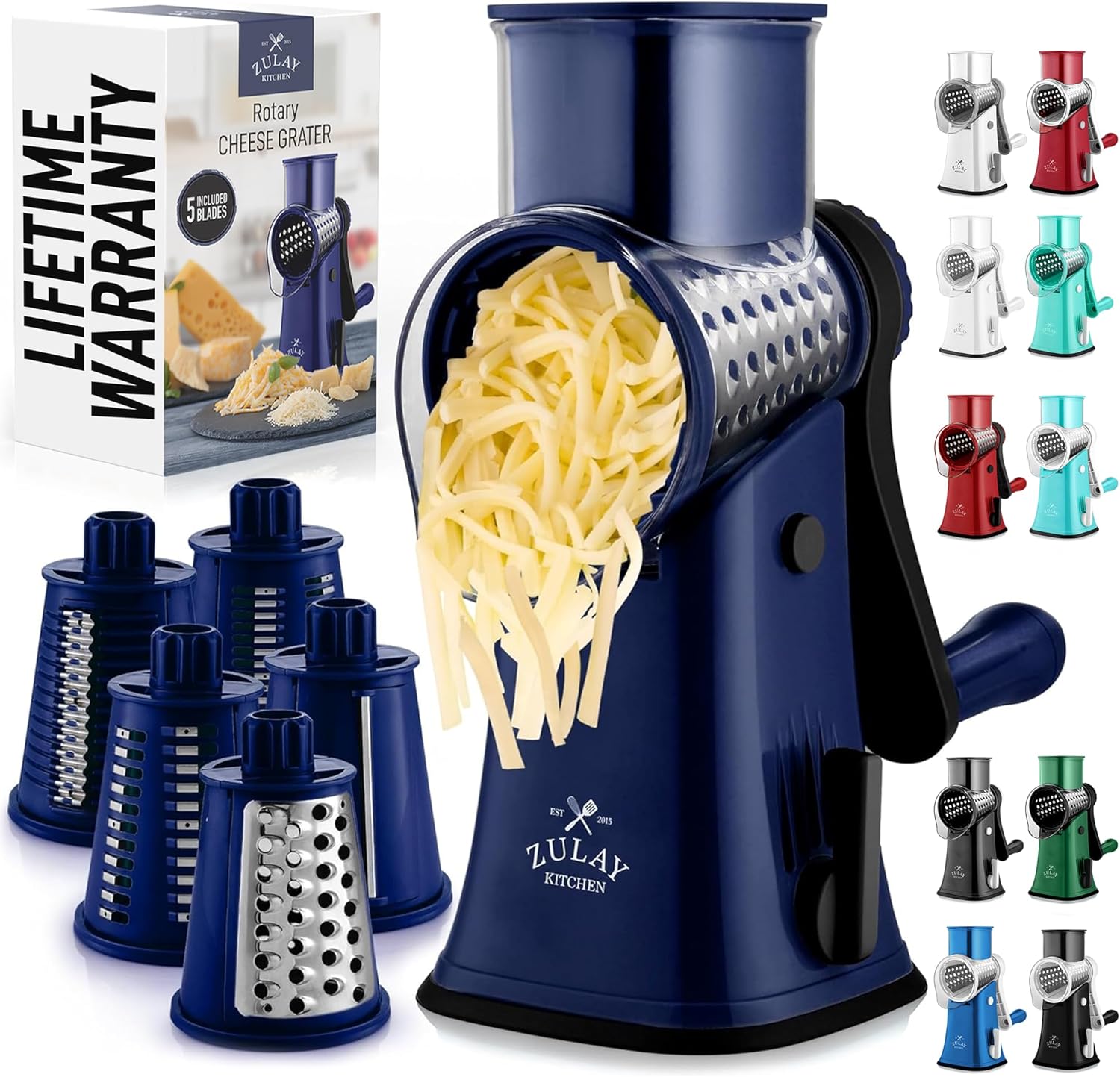 Zulay Rotary Cheese Grater with 5 Blade Shredder - Manual Hand Crank ...
