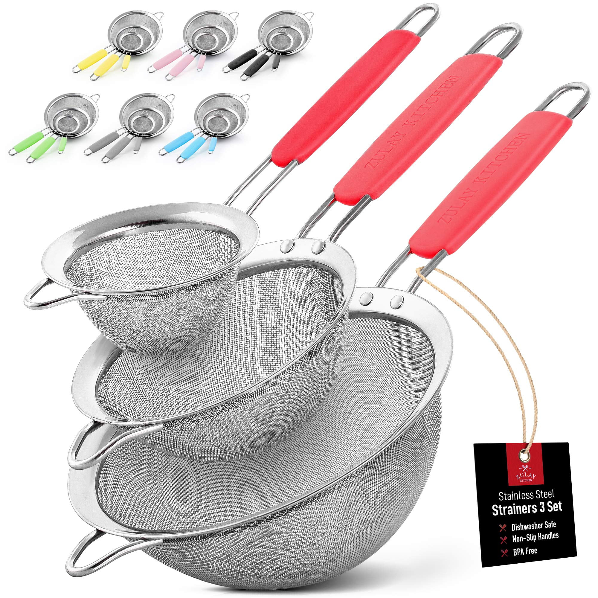 Zulay (Set of 3) Stainless Steel Mesh Strainer - Strainers Fine Mesh ...