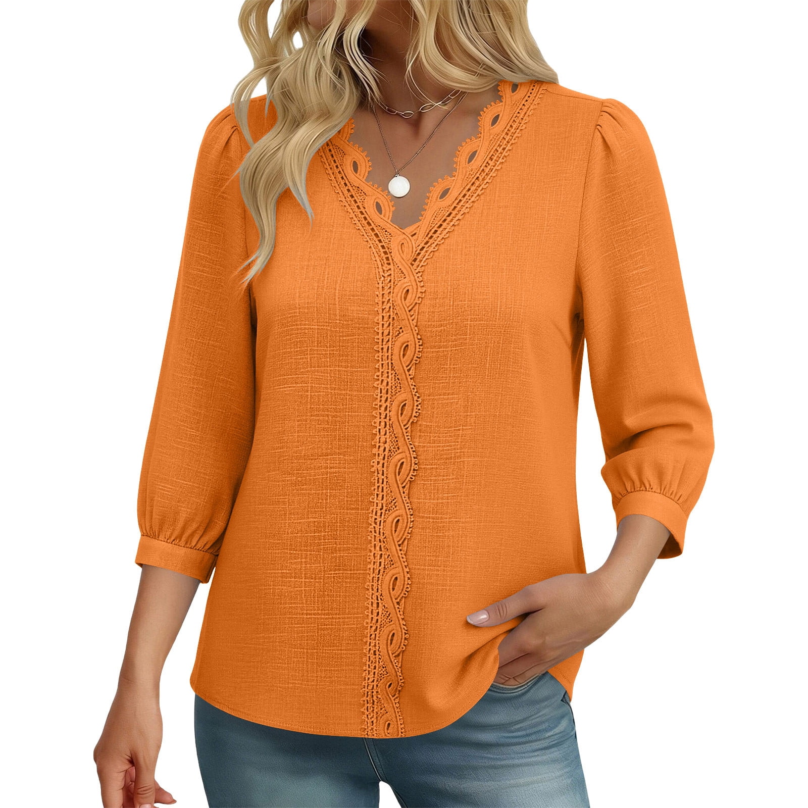 Zulora Women V Neck Crochet Trim Blouse Puff Sleeve Casual Button Down ...
