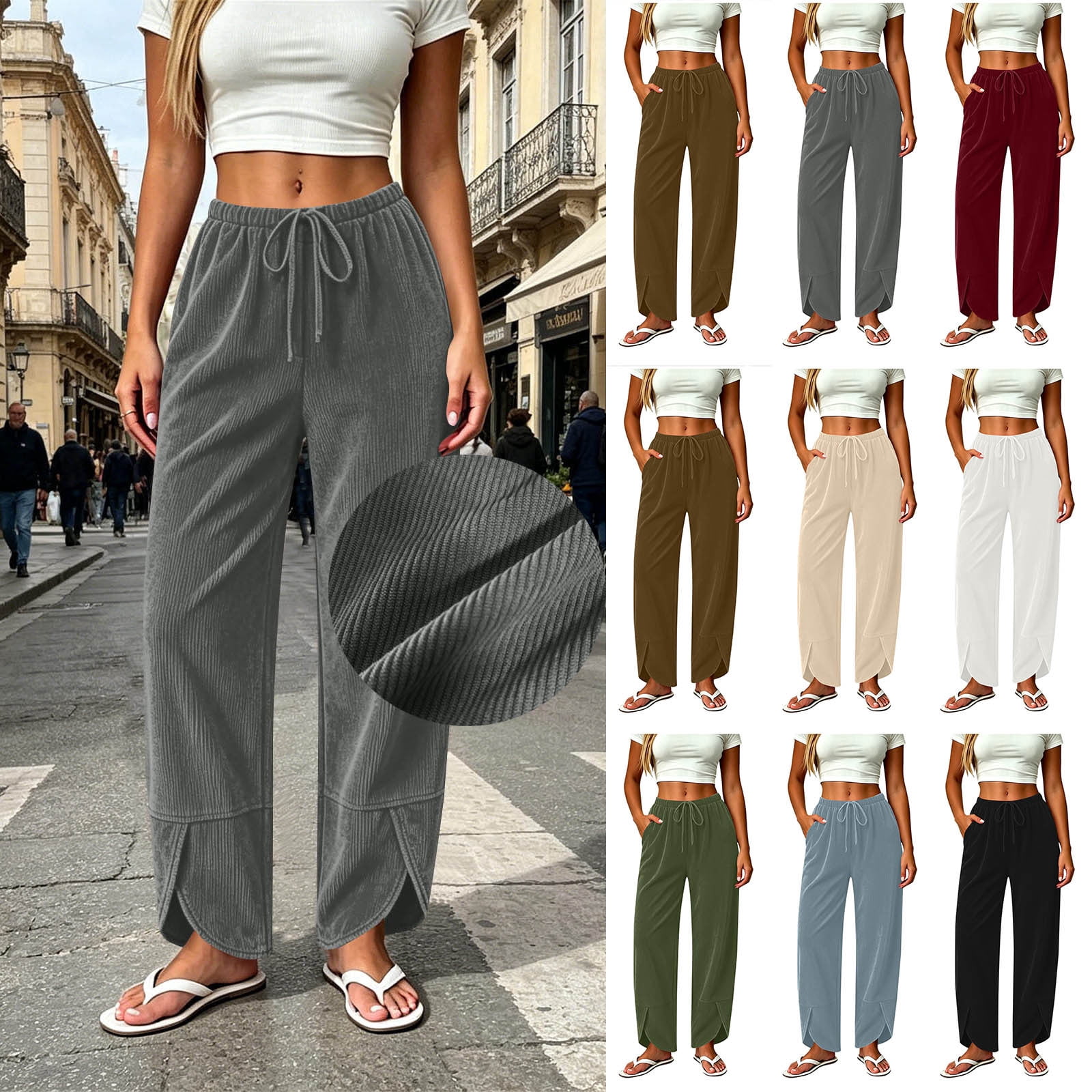Zulora Women’s Corduroy Elastic Waist Loose Pants with Pockets, Split ...