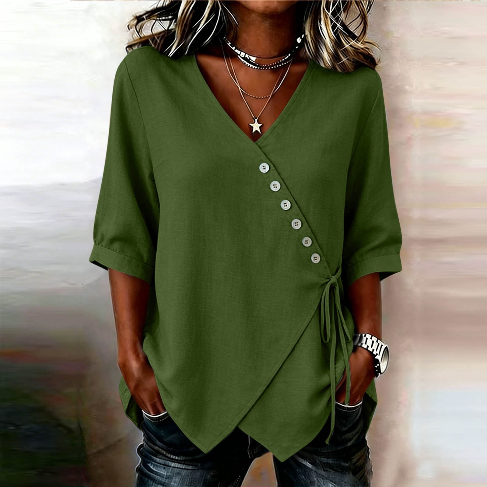 Zulora Women's V Neck Button Down Blouse Casual Loose Fit Top with ...