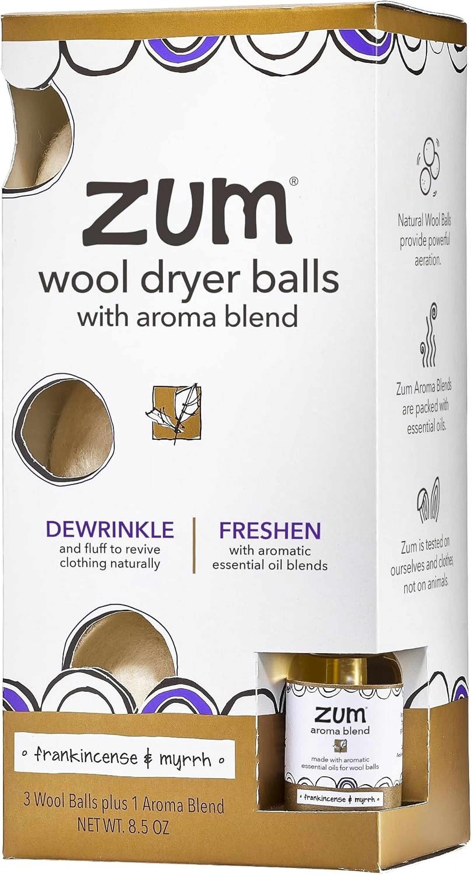 ZUM, Wool Dryer Balls Kit, 3ct + Oil, Frankincense & Myrrh scent ...