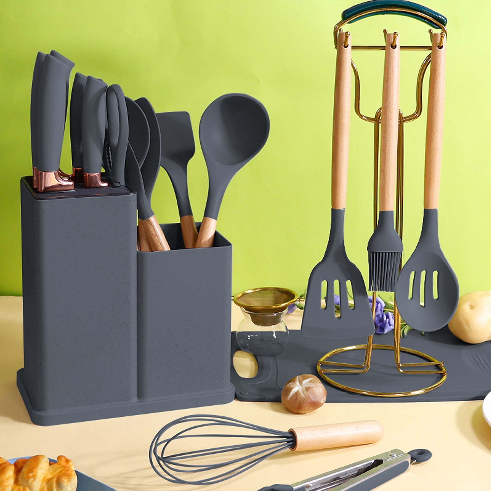 Zummy Premium 19-Piece Cooking Utensils and Knife Block Set with Mini ...