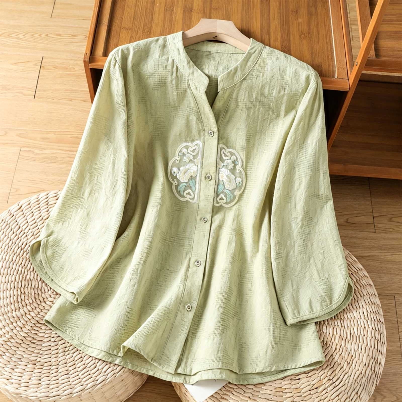 ZunFeo Womens Linen Blend Blouse Embroidered Summer Top Casual Button ...